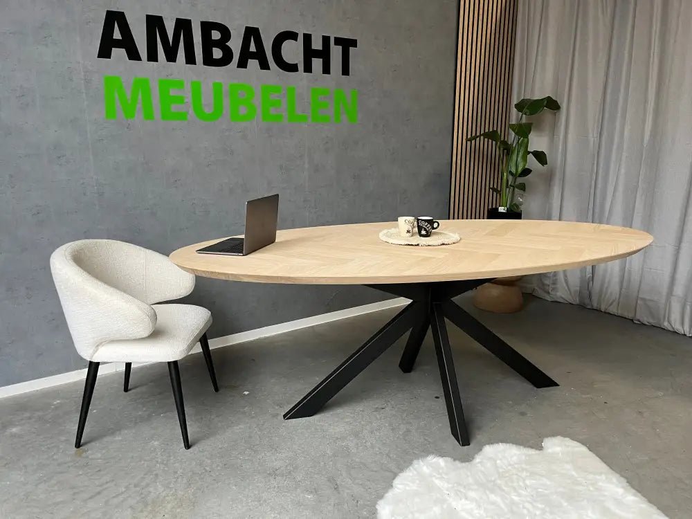 Verjongde Ovale Eiken Visgraat Tafel Matrix 8x4 cm Hoge Knik | Webshop